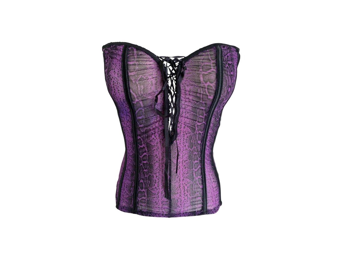 Purple Black Mesh Strapless Bustier Sheer See Through Animal Top Lace ...
