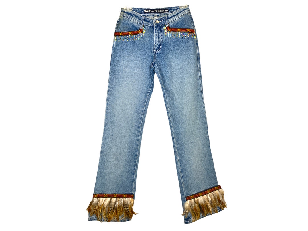 Feather Beaded Blue Jeans Flare 90's Blue Jeans Denim Pants High Rise ...