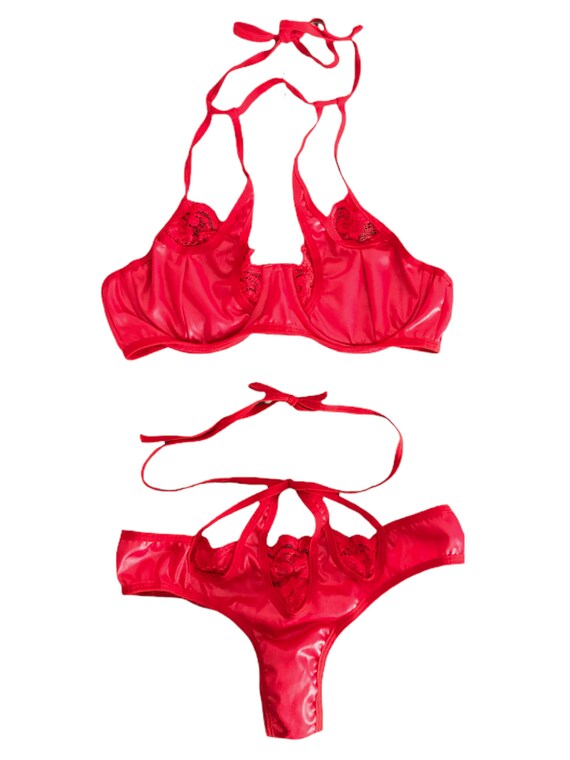 Y2k 90s Red Lingerie Set Wetlook Lace Cage Bra Tie W… Gem