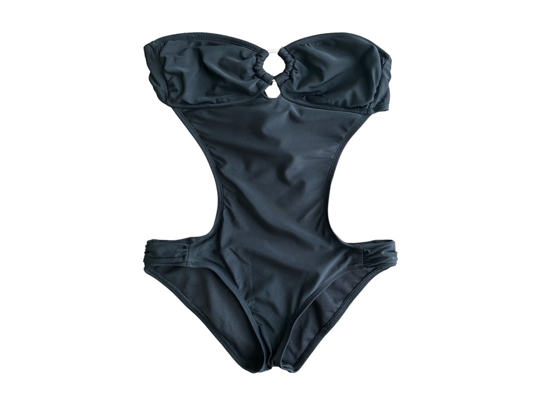 00's Black Bathing Suit One Piece Strapless Bandeau Keyhole Neck ...