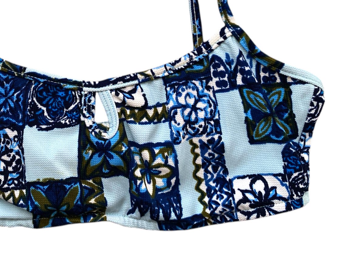 90's Floral Bikini Two Piece Set BLUE Patchwork Bathing Suit High ...