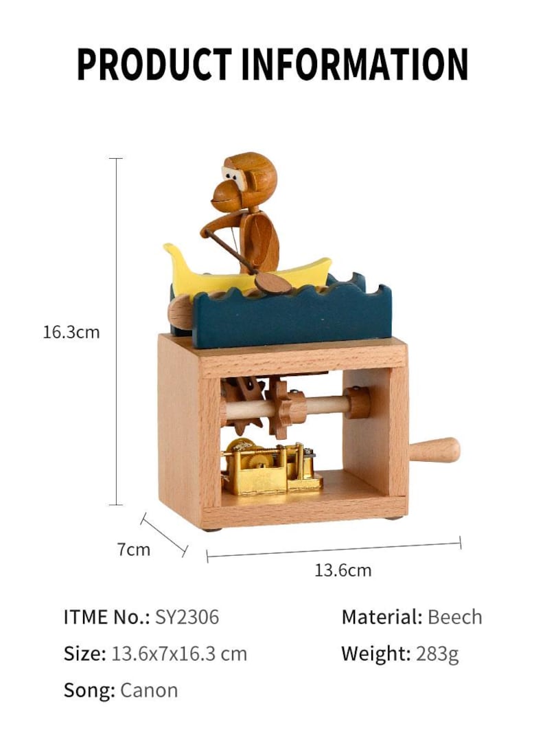 Handmade Monkey Music Box | Wooden Rowing Boat Automaton | Hand Cranked ...