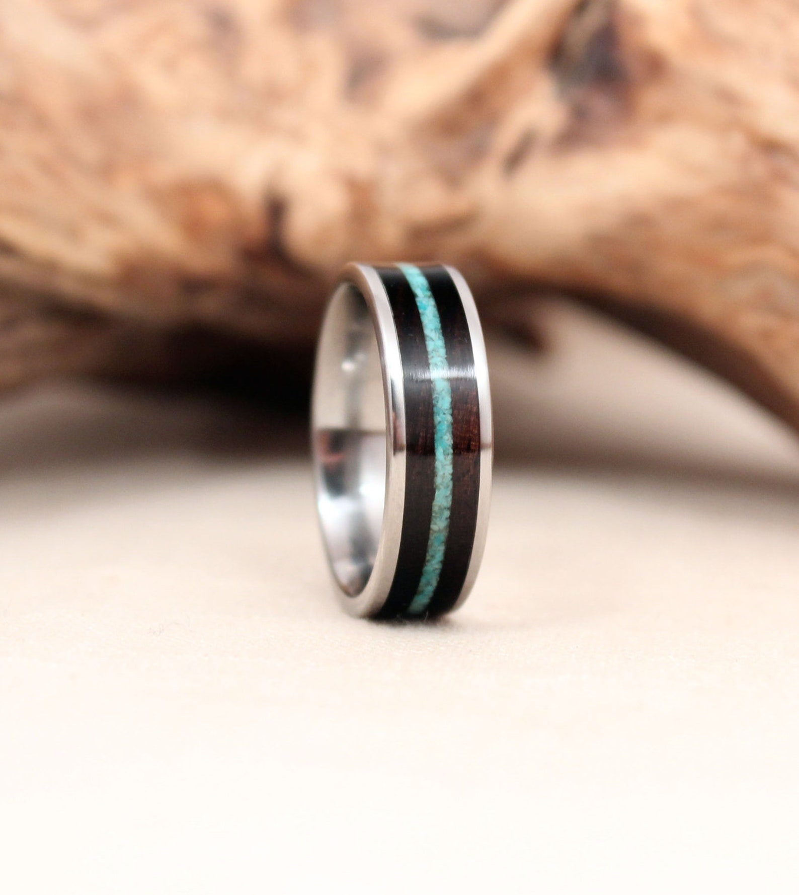 African Blackwood Wood Ring With Turquoise and Titanium - Etsy