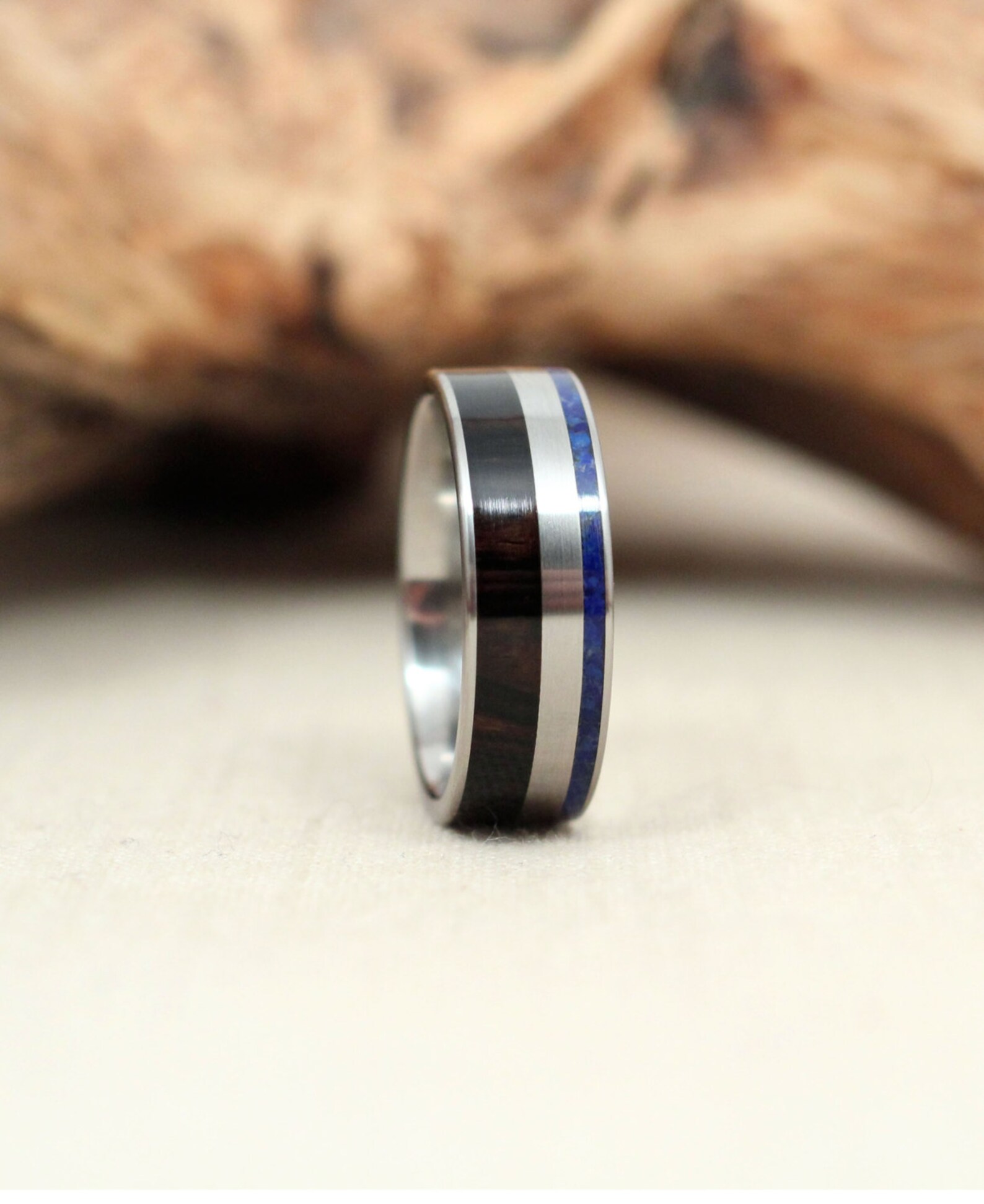 African Blackwood Wooden Ring and Lapis Lazuli Deconstructed Titanium ...