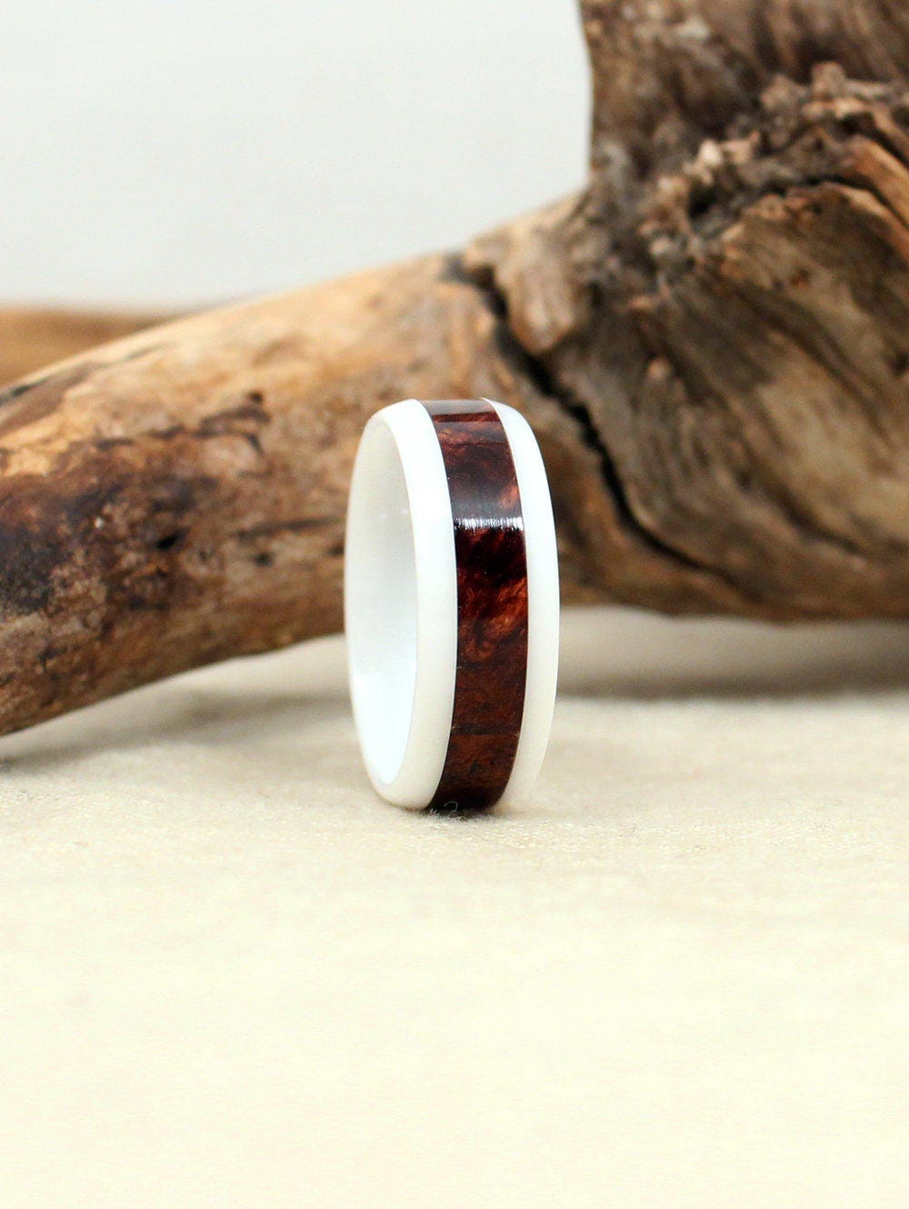 White Ceramic Ring With Exhibition Honduras Rosewood Burl Wood - Etsy