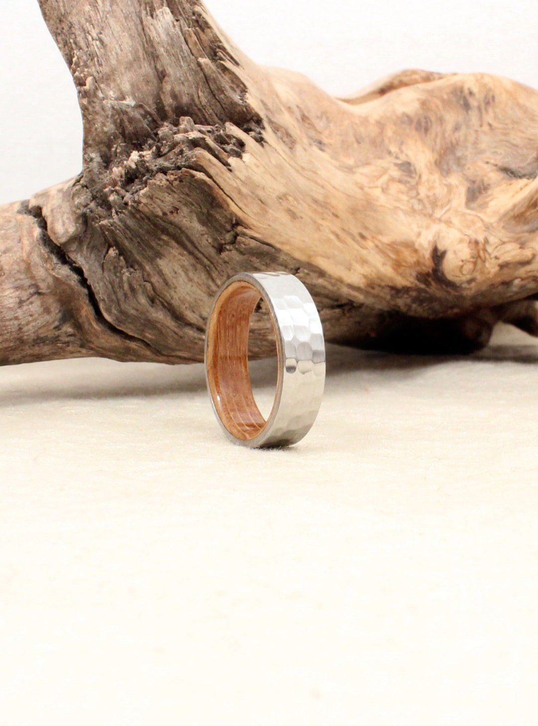 Wood Ring Lined With Bourbon Barrel White Oak Wooden Ring - Hammered ...