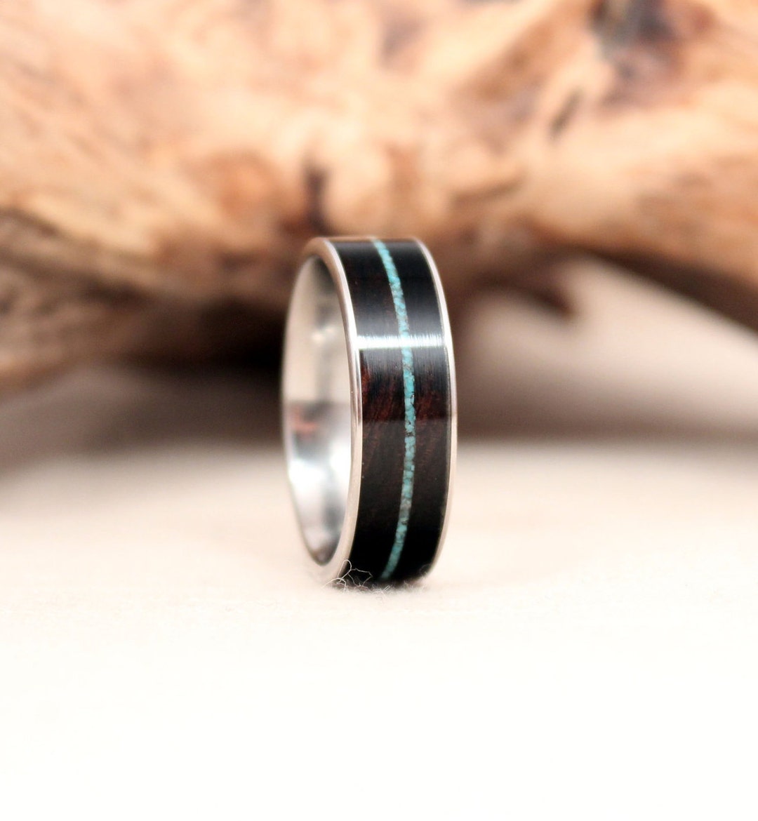 African Blackwood Wood Ring With Turquoise and Titanium - Etsy