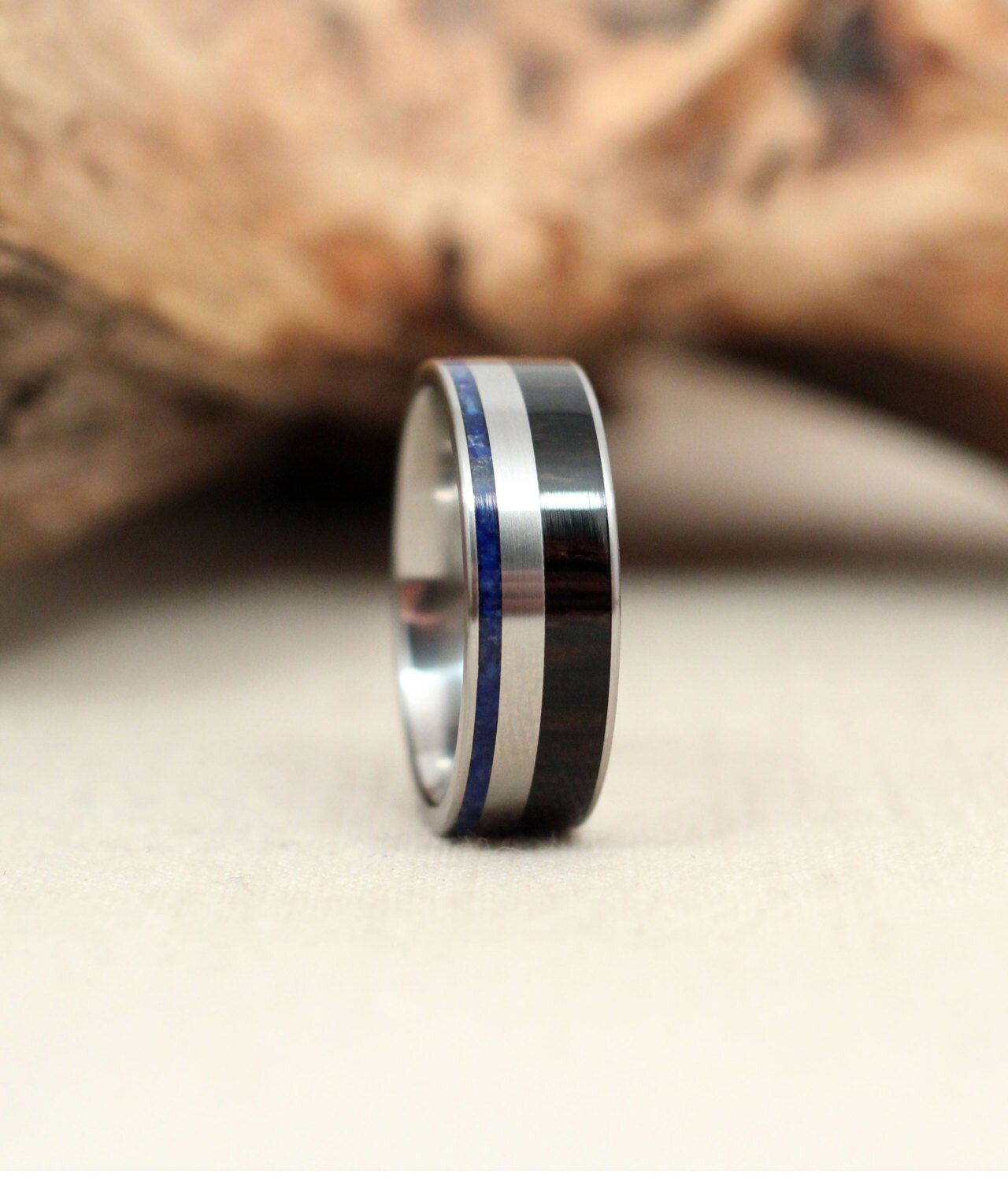 African Blackwood Wooden Ring and Lapis Lazuli Deconstructed Titanium ...