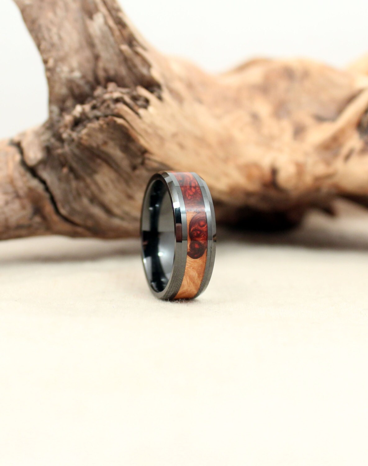 Black Ceramic Ring with Amboyna Burl Heartwood and Sapwood | Etsy