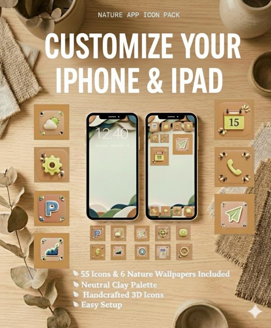 55 Nature Minimal App Icons for Ios Android Neutral Clay Aesthetic ...