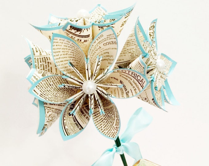 5 Vintage Newspaper Print Paper Flowers- Ready to Ship, Handmade Gift ...