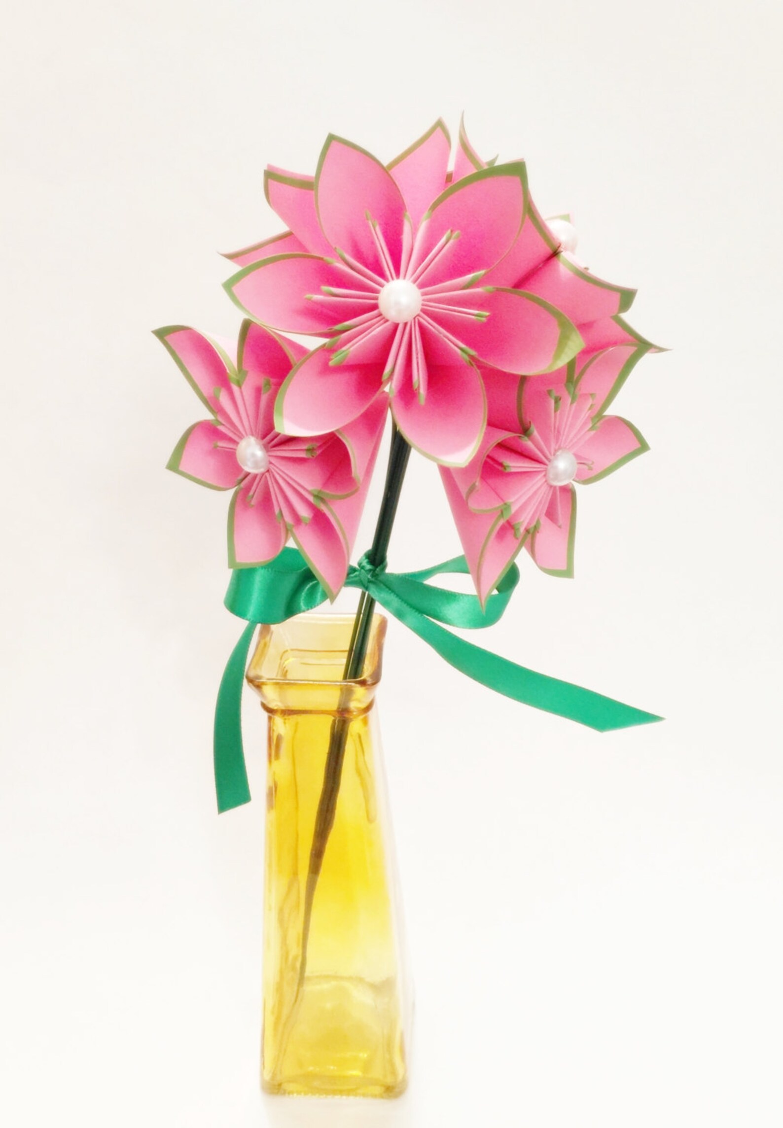 6 Pink & Green Paper Flowers Ready to Ship Handmade Origami | Etsy