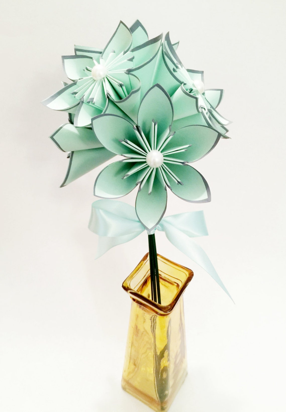 6 Mint & Grey Paper Flowers Ready to Ship Handmade Origami - Etsy