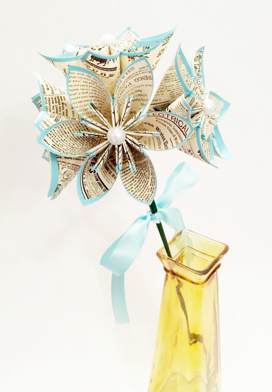 5 Vintage Newspaper Print Paper Flowers- Ready to Ship, Handmade Gift ...