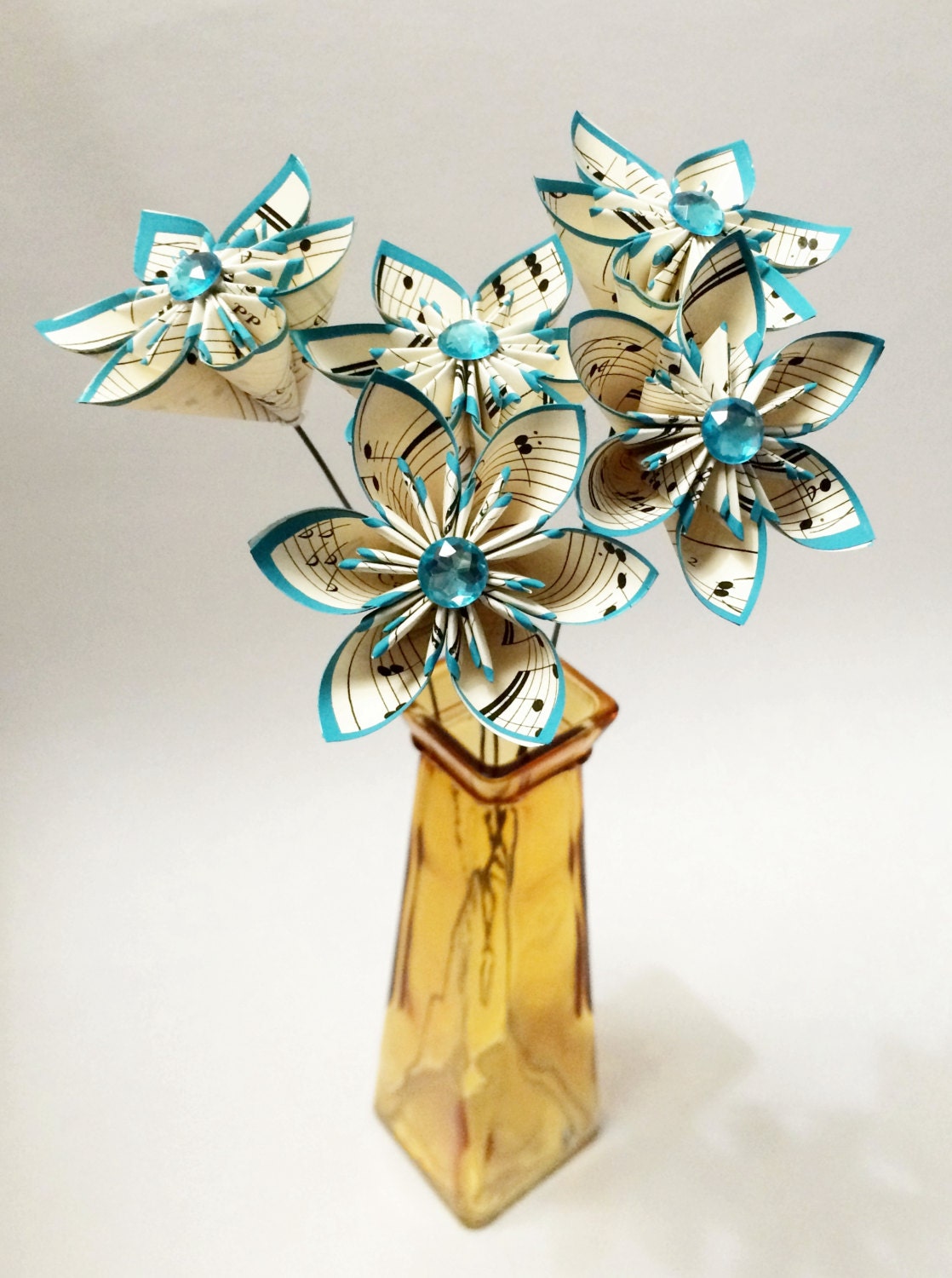 5 Sheet Music Paper Flowers- Ready to Ship, Handmade, Turquoise, Small ...