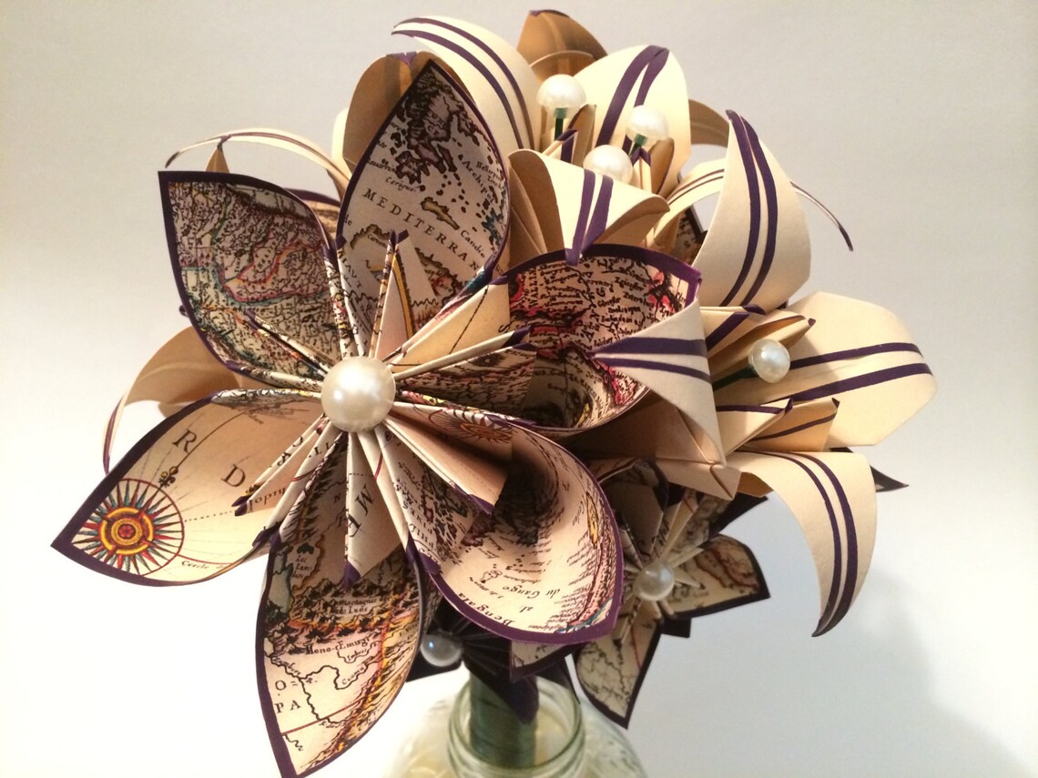Vintage Map Flowers & Lilies Bouquet- 7 Inch, 15 Flowers, One of a Kind ...