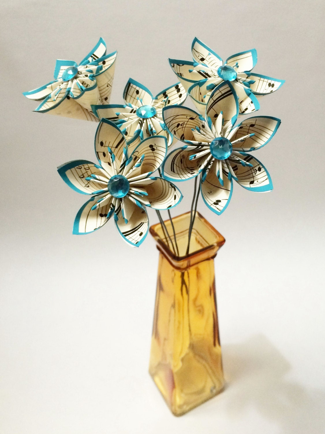 5 Sheet Music Paper Flowers- Ready to Ship, Handmade, Turquoise, Small ...