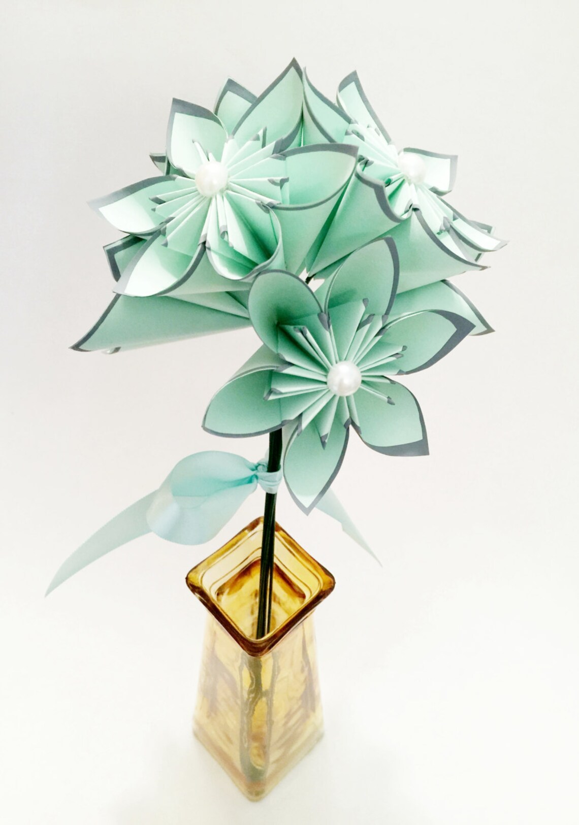 6 Mint & Grey Paper Flowers Ready to Ship Handmade Origami - Etsy