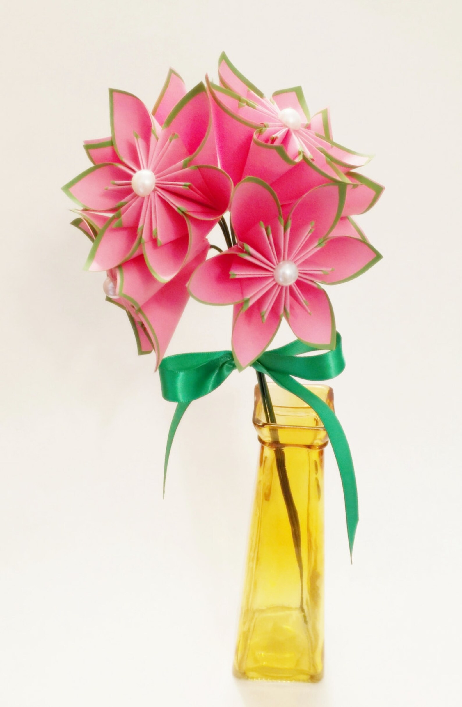 6 Pink & Green Paper Flowers Ready to Ship Handmade Origami | Etsy