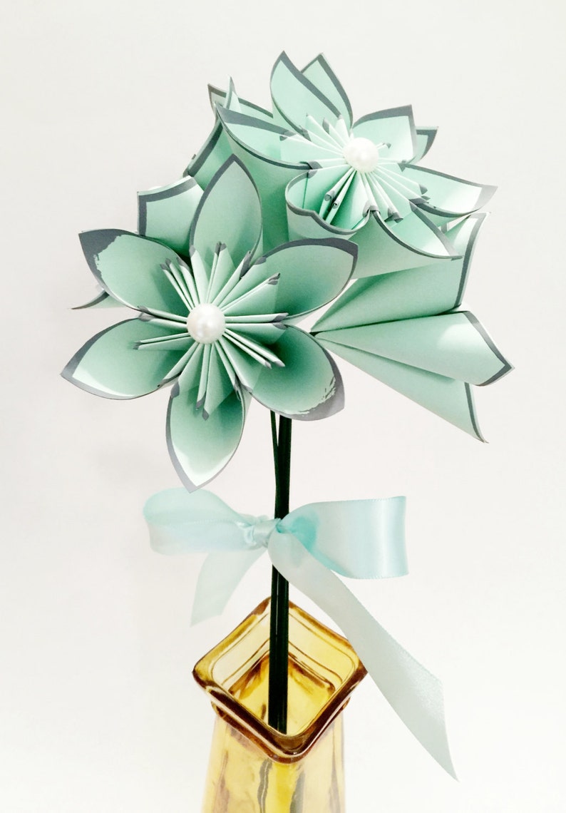 6 Mint & Grey Paper Flowers Ready to Ship Handmade Origami - Etsy