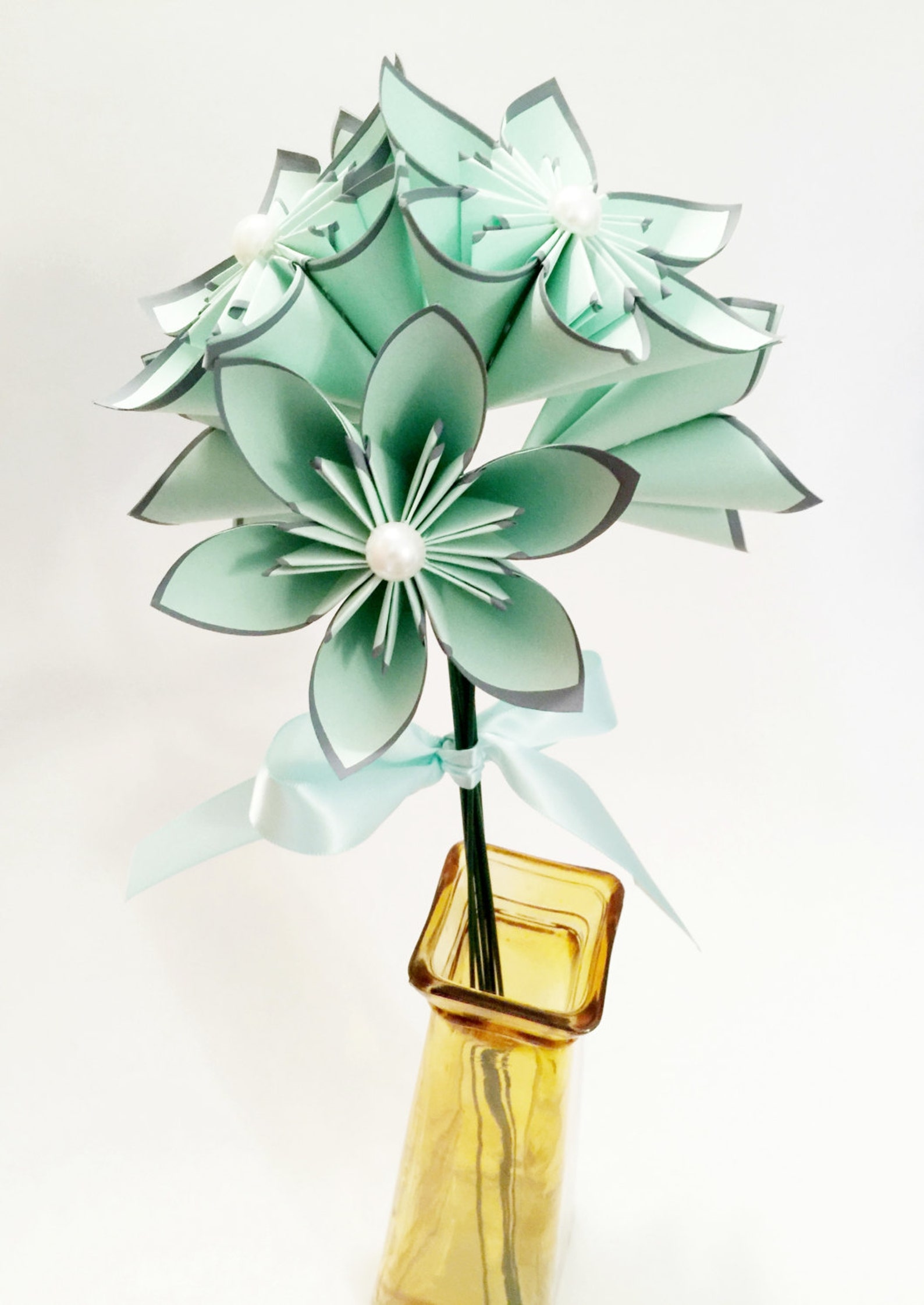 6 Mint & Grey Paper Flowers Ready to Ship Handmade Origami - Etsy