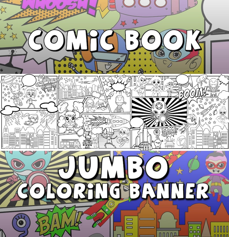 Kids Table Comic Book Theme Coloring Banner - Rehearsal Dinner Activity ...
