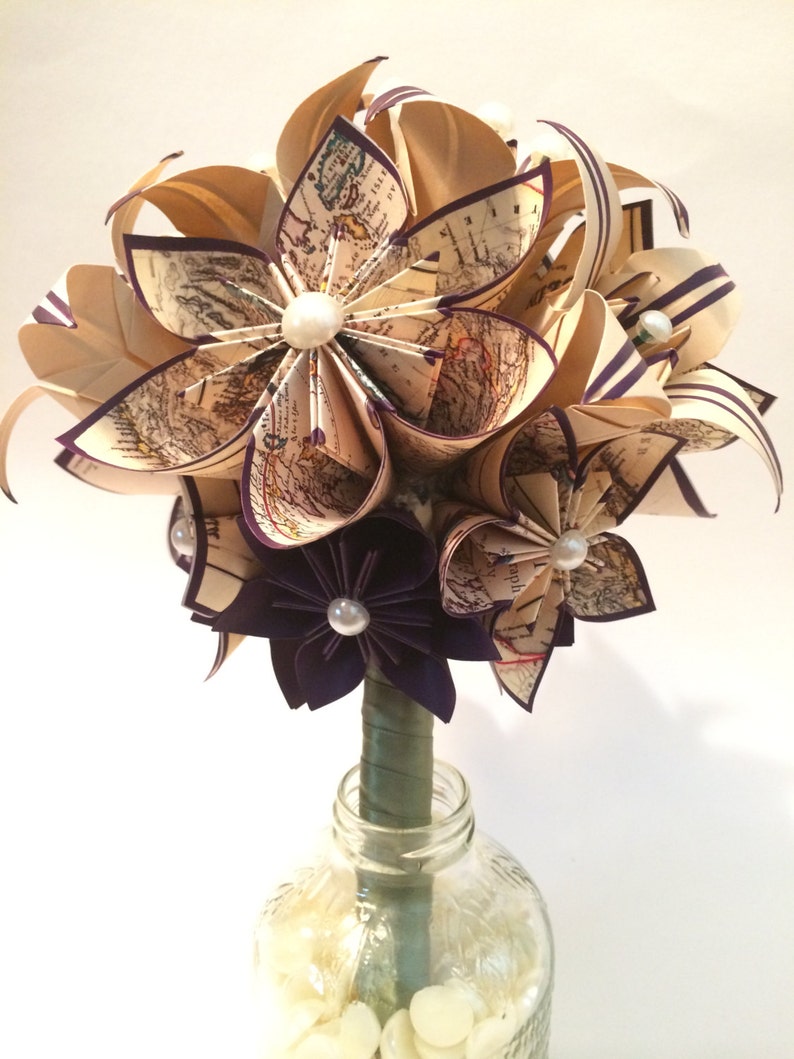 Vintage Map Flowers & Lilies Bouquet- 7 Inch, 15 Flowers, One of a Kind ...
