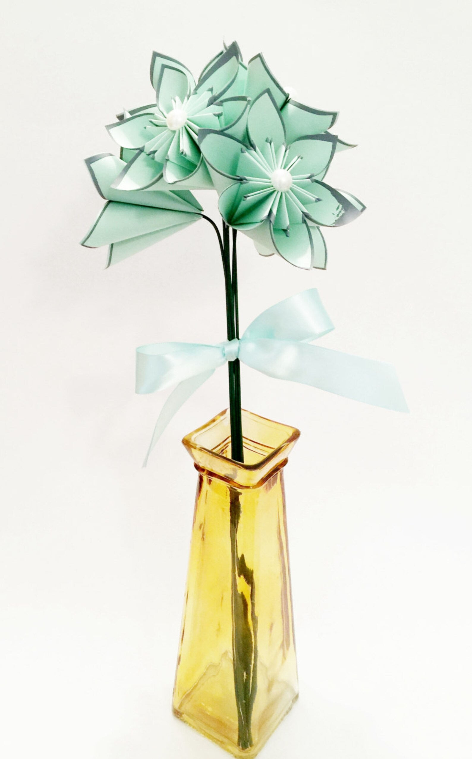 6 Mint & Grey Paper Flowers Ready to Ship Handmade Origami - Etsy