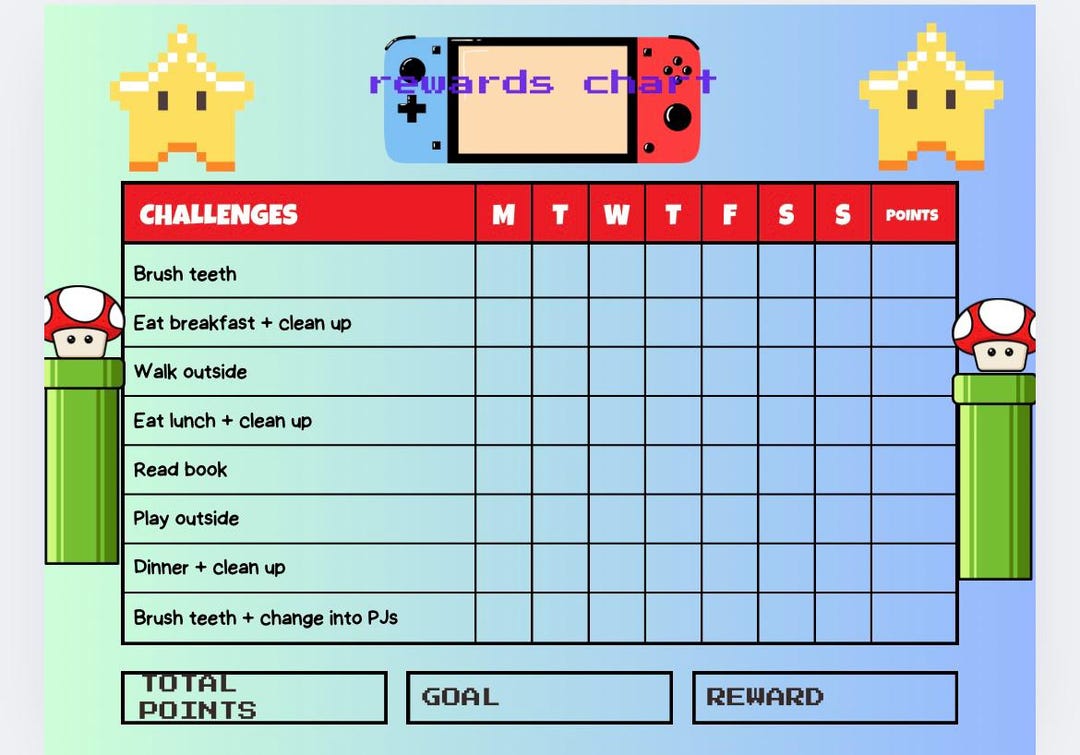 Super Mario Reward Chart for Kids | Printable & Editable Behavior Chart ...