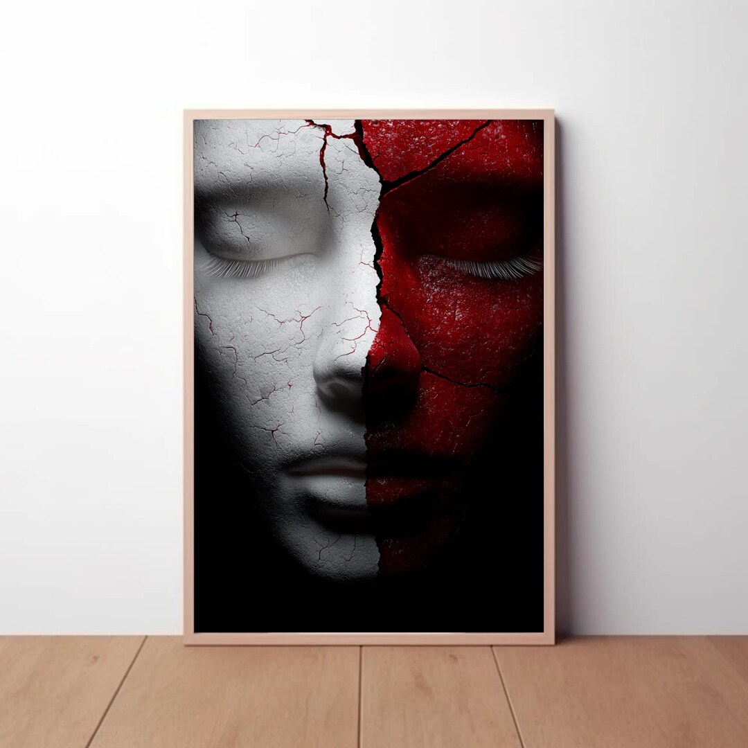 Cracked Face Mask - Printable Red and White Mask Dwall Art for Modern ...