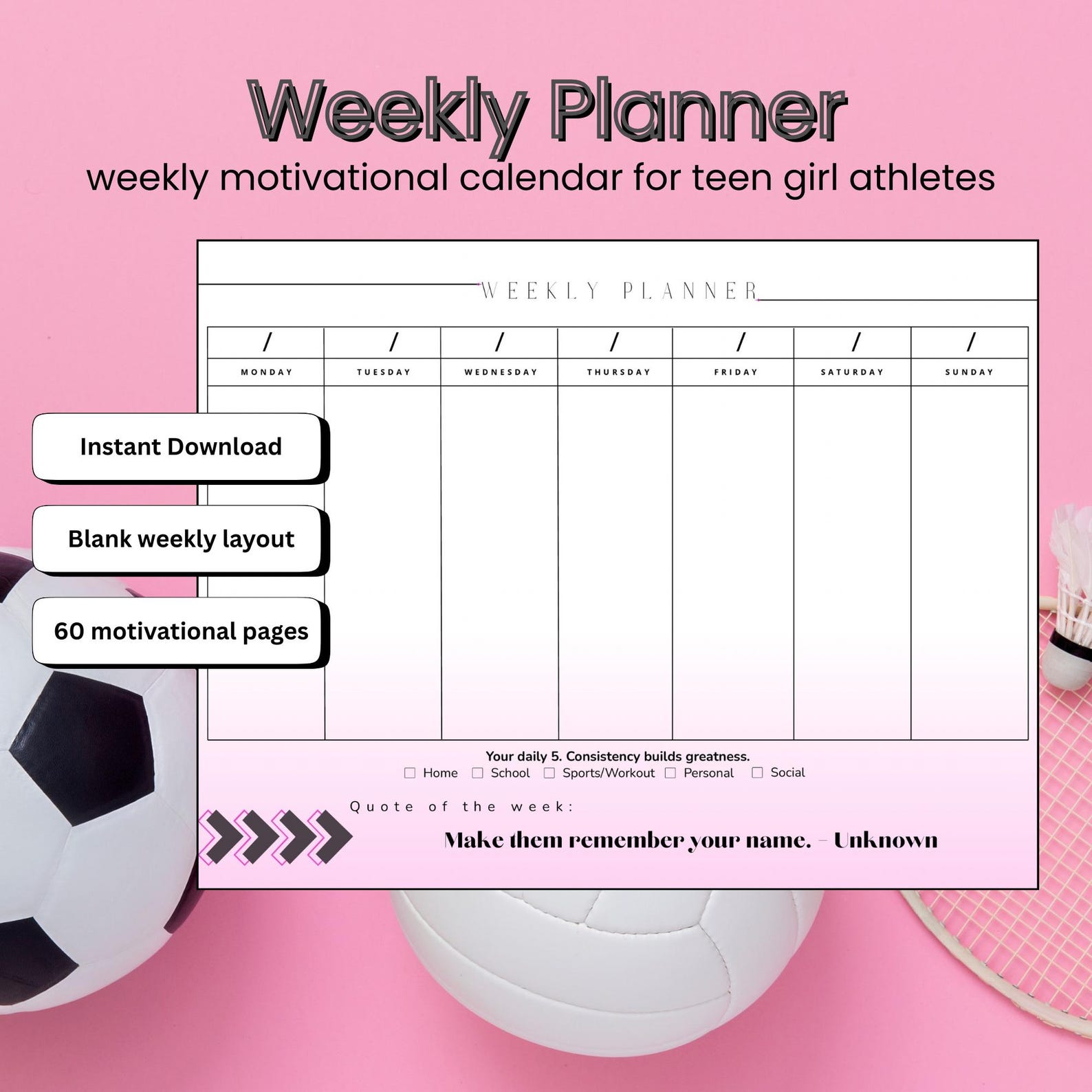 Athletic Teen Girl Weekly Planner – Sports-inspired Printable Calendar ...