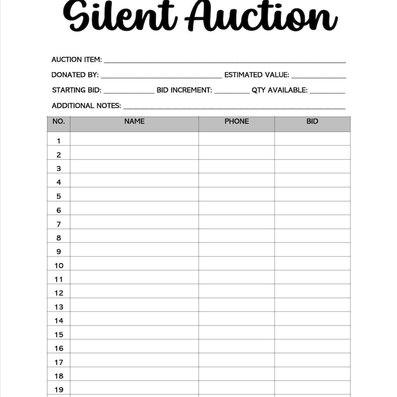 Auction Sheet Template - Etsy