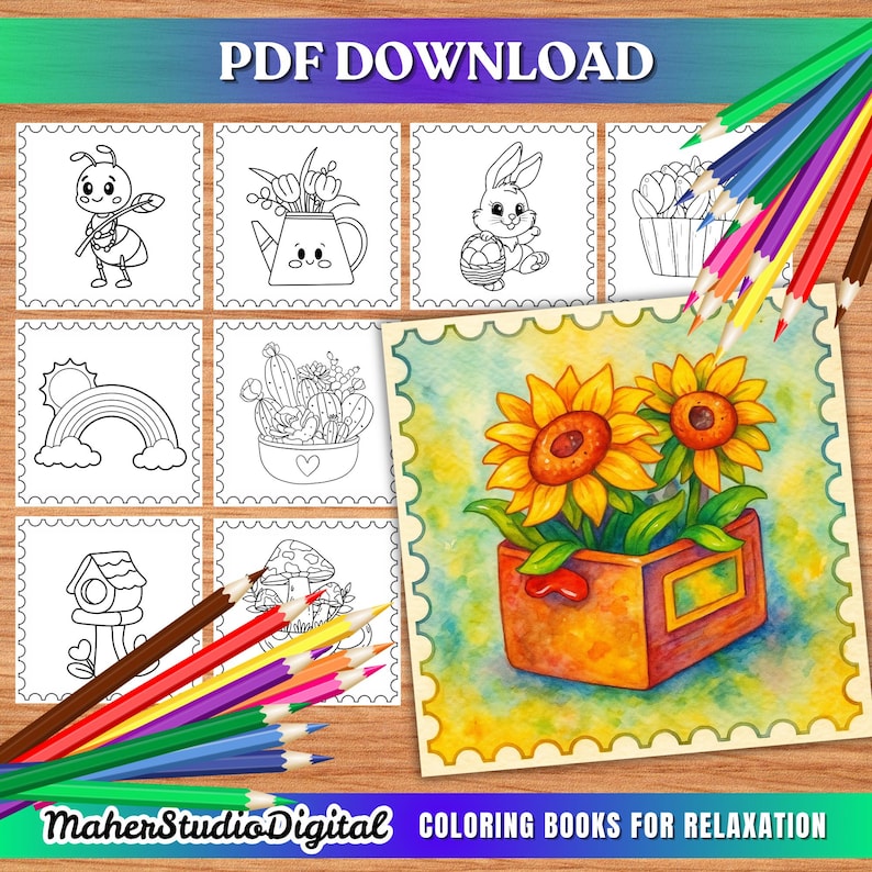 Spring Vibe Coloring Pages, 60 Fun and Cute Printable PDF Pages, Kawaii ...