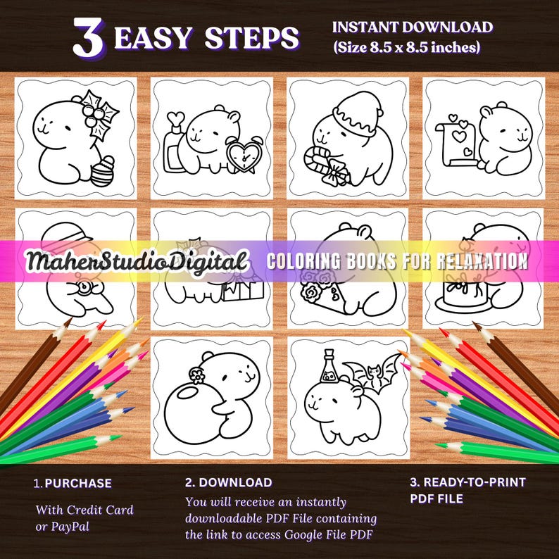 Cute Capybara Coloring Pages for Kids & Adults, 10 Printable PDF Pages ...