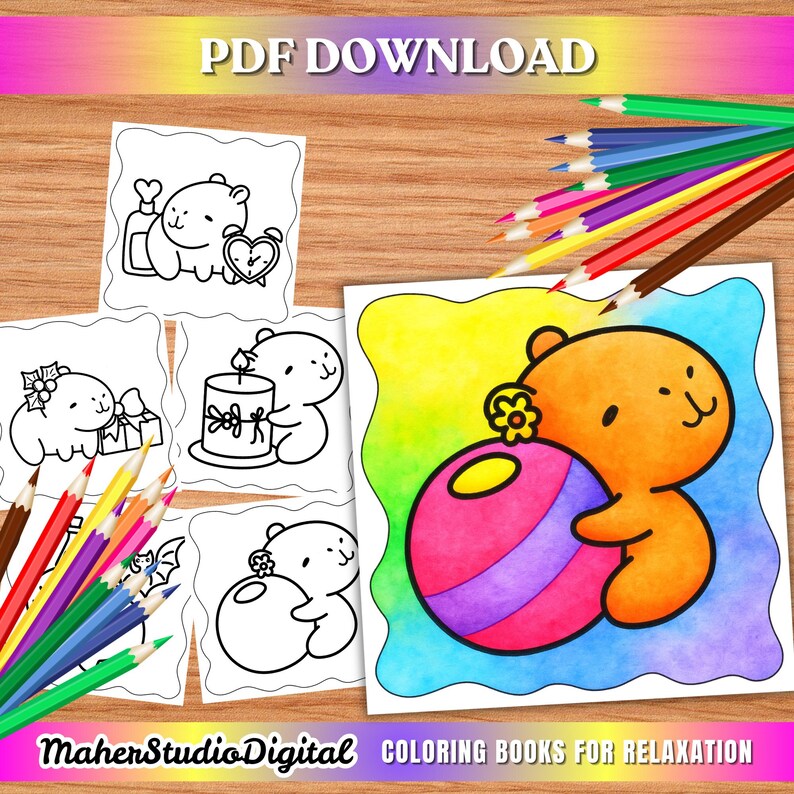 Cute Capybara Coloring Pages for Kids & Adults, 10 Printable PDF Pages ...