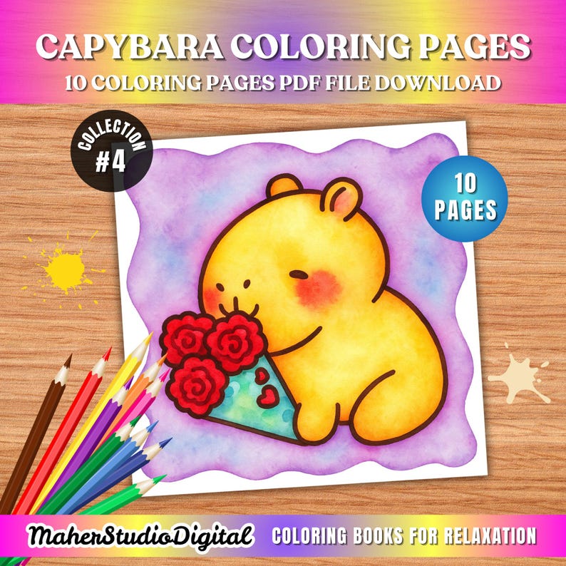 Cute Capybara Coloring Pages for Kids & Adults, 10 Printable PDF Pages ...