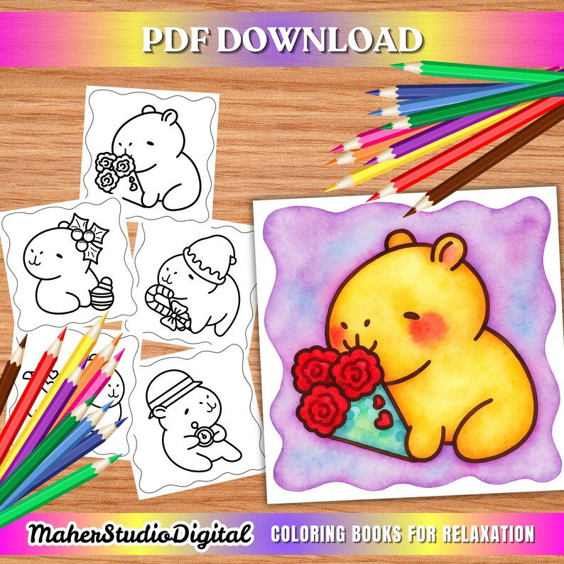 Cute Capybara Coloring Pages for Kids & Adults, 10 Printable PDF Pages ...