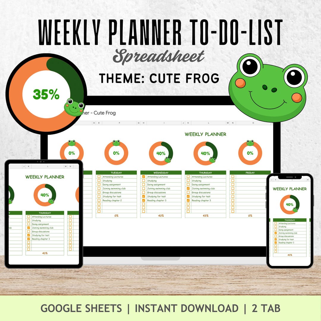 Weekly Planner Google Sheet With Progress Tracker - Cute Frog Theme, To ...