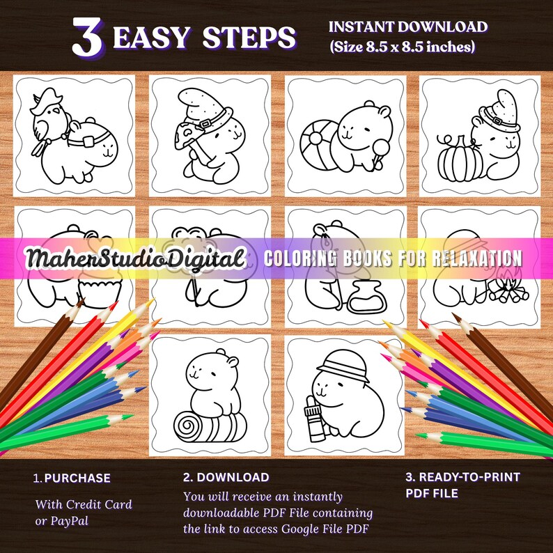 Cute Capybara Coloring Pages for Kids & Adults, 10 Printable PDF Pages ...