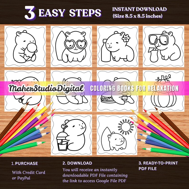 Cute Capybara Coloring Pages for Kids & Adults, 10 Printable PDF Pages ...