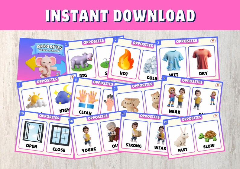 Opposite Words Flashcards: English Learning Cards for Kids (PDF ...