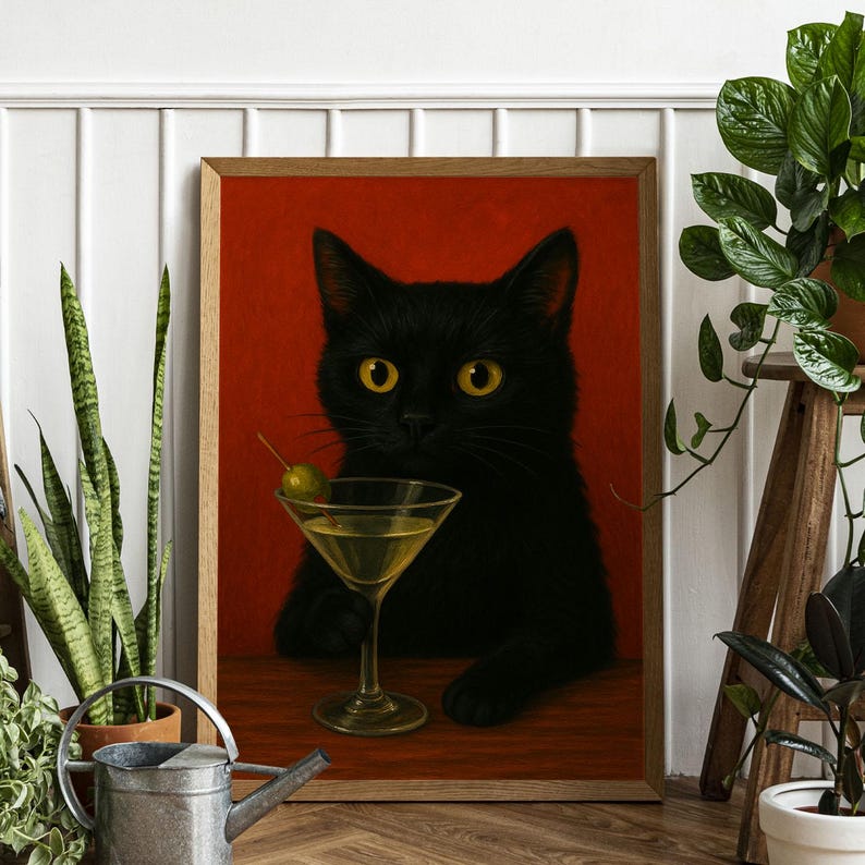 Black Cat and Martini Art Print Cute Quirky Whimsical-cocktail Art Bar ...