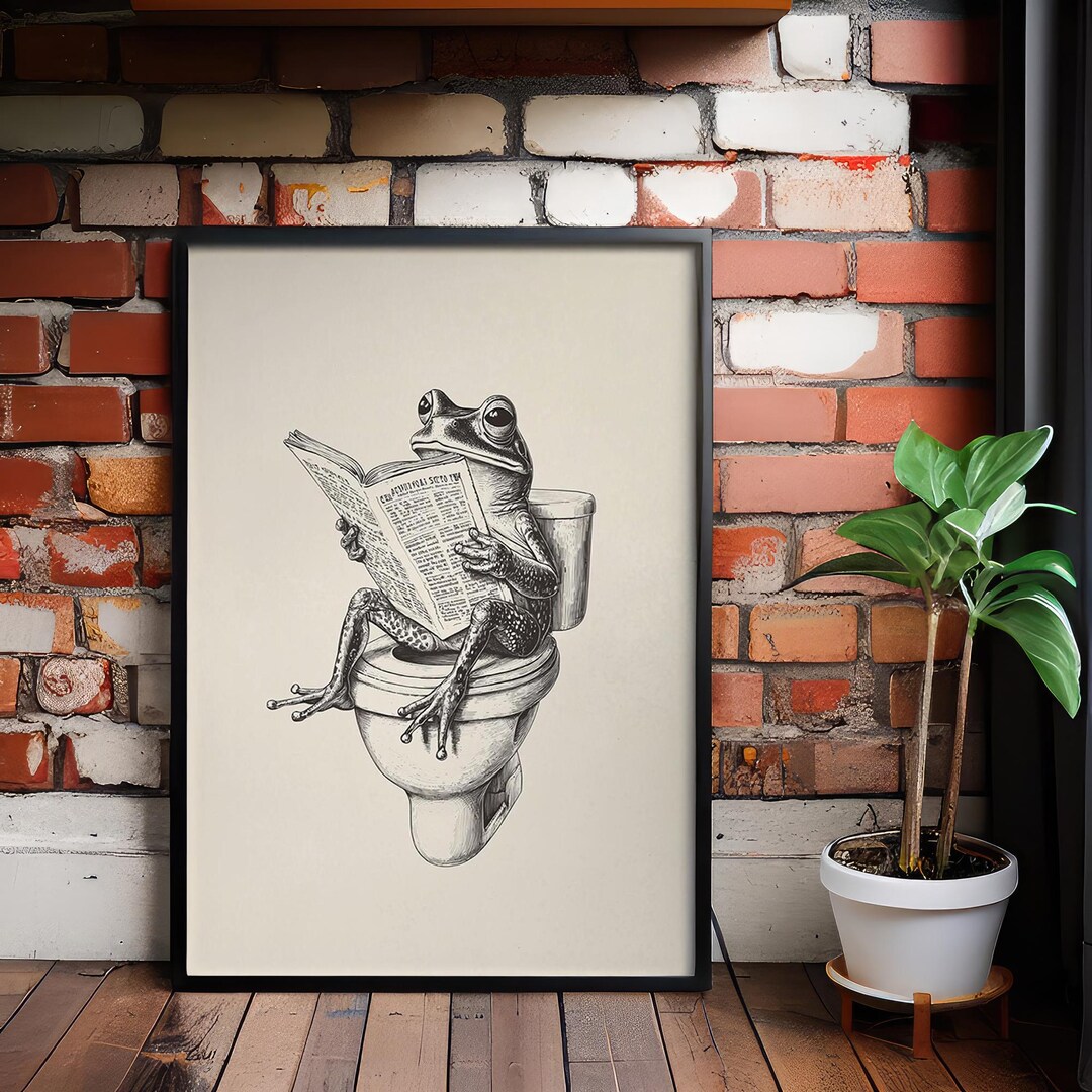 Frog Reading a Newspaper in the Toilet Vintage Poster Art Retro Quirky ...