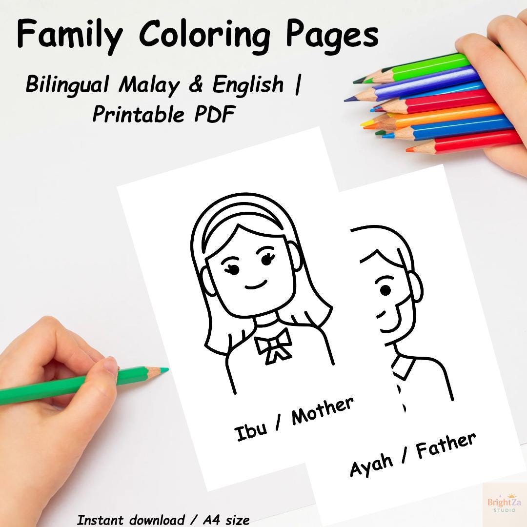 Printable Family Coloring Pages – Bilingual Malay & English | Cartoon ...