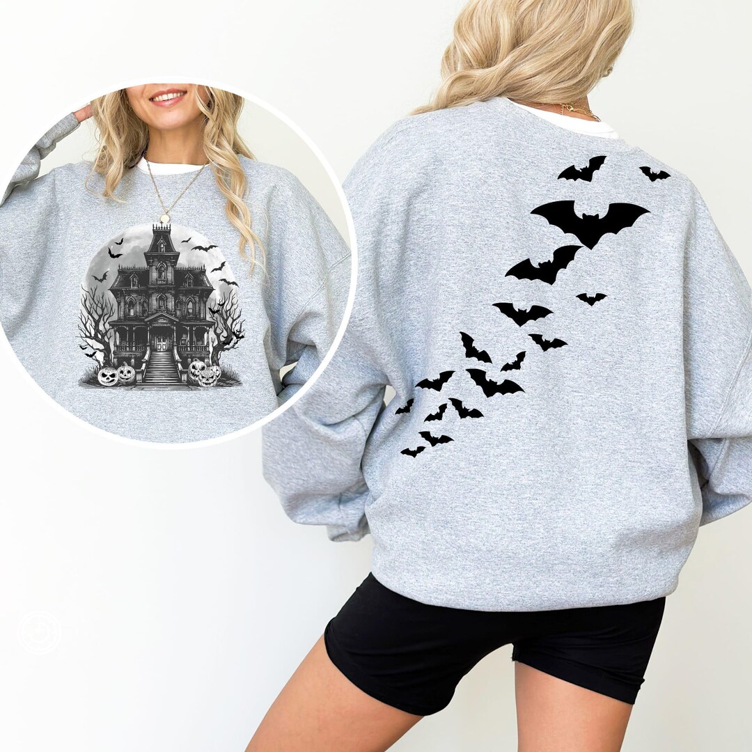 Gothic Haunted House Sweatshirt: Halloween Bats, Spooky Season Crewneck ...