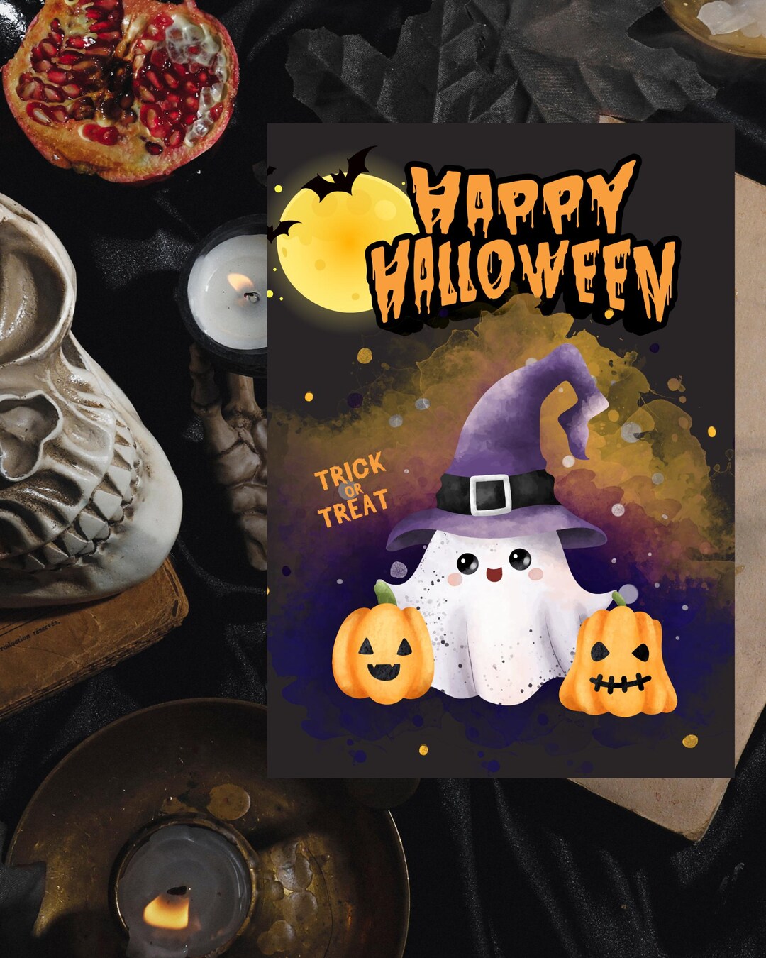 Cute Ghost Halloween Card | Trick or Treat Witch Ghost With Pumpkins ...