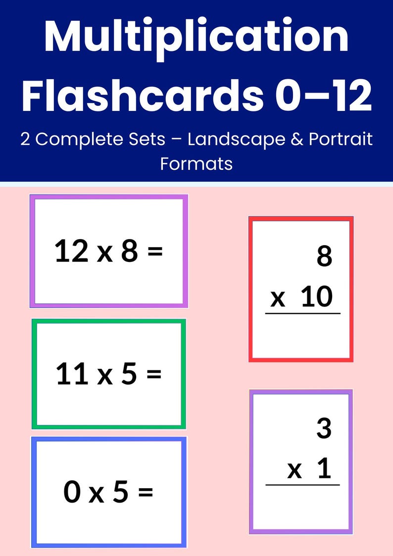 Multiplication Flashcards Printable PDF – Portrait & Landscape | 2 Sets ...