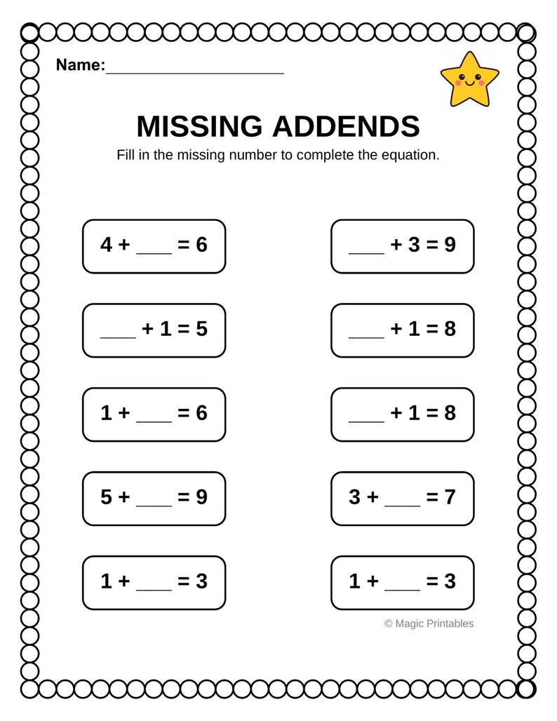 10 Printable Missing Addends Worksheets 0-20: Math Printables for Kids ...
