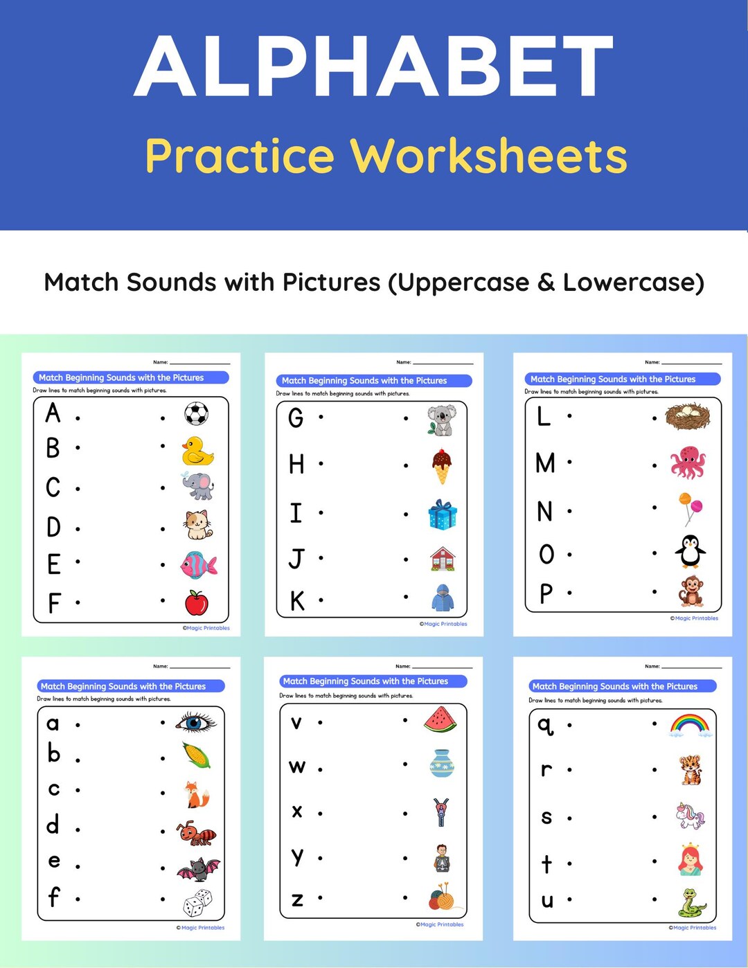 Alphabet Sounds Matching Worksheets A-Z | Uppercase and Lowercase ...