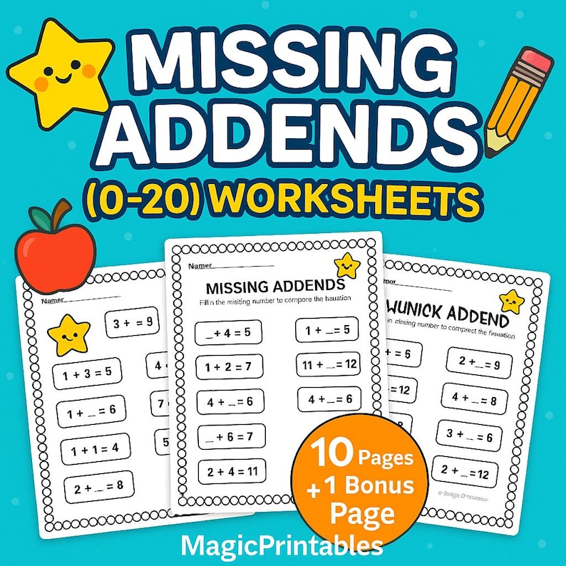 10 Printable Missing Addends Worksheets 0-20: Math Printables for Kids ...